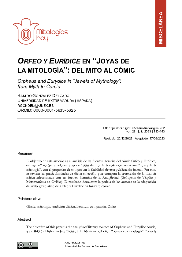(PDF) Orfeo y Eurídice en "Joyas de la mitología": del mito al cómic