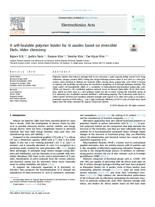 (PDF) A self-healable polymer binder for Si anodes based on reversible ...
