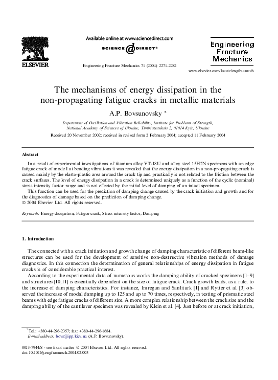 (PDF) The mechanisms of energy dissipation in the non-propagating fatigue cracks in metallic ...