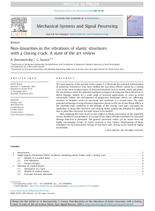 (PDF) Non-linearities in the vibrations of elastic structures with a closing crack: A state of ...