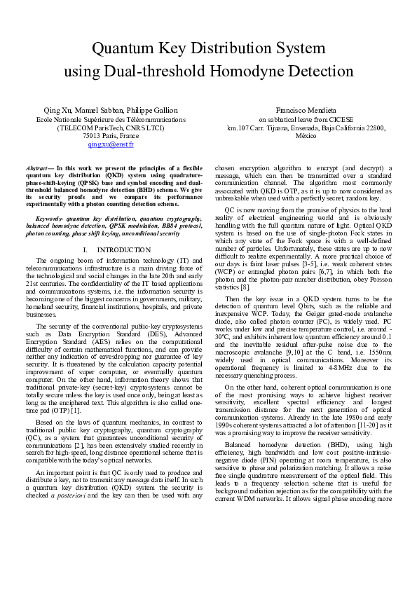 (PDF) Quantum key distribution system using dual-threshold homodyne detection