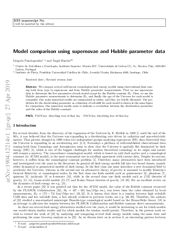 (PDF) Model comparison using supernovae and Hubble parameter data