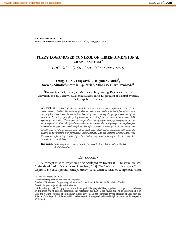 (PDF) Fuzzy logic-based control of three-dimensional crane system | Dragana Trajkovic - Academia.edu