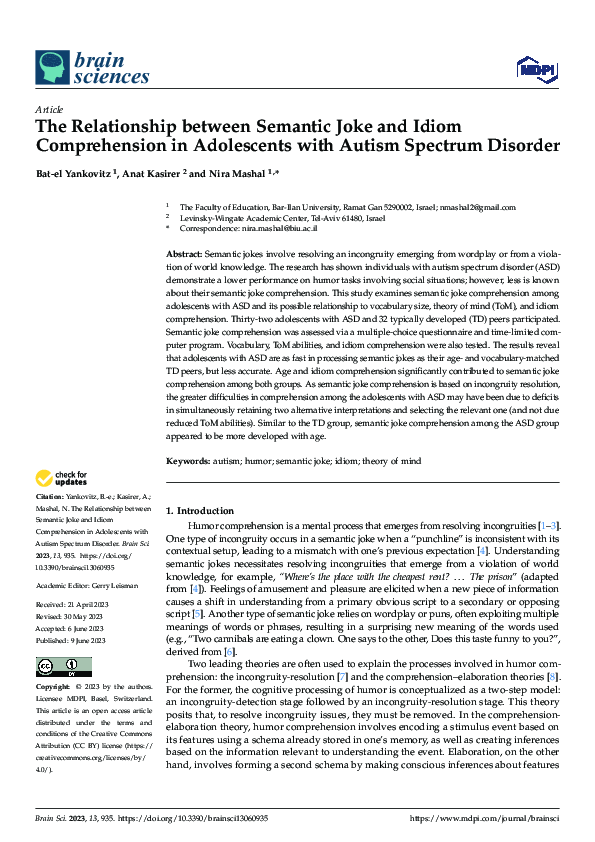 (PDF) The Relationship Between Semantic Joke and Idiom Comprehension in Adolescents With Autism ...