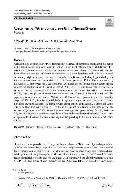 (PDF) Abatement of Tetrafluormethane Using Thermal Steam Plasma