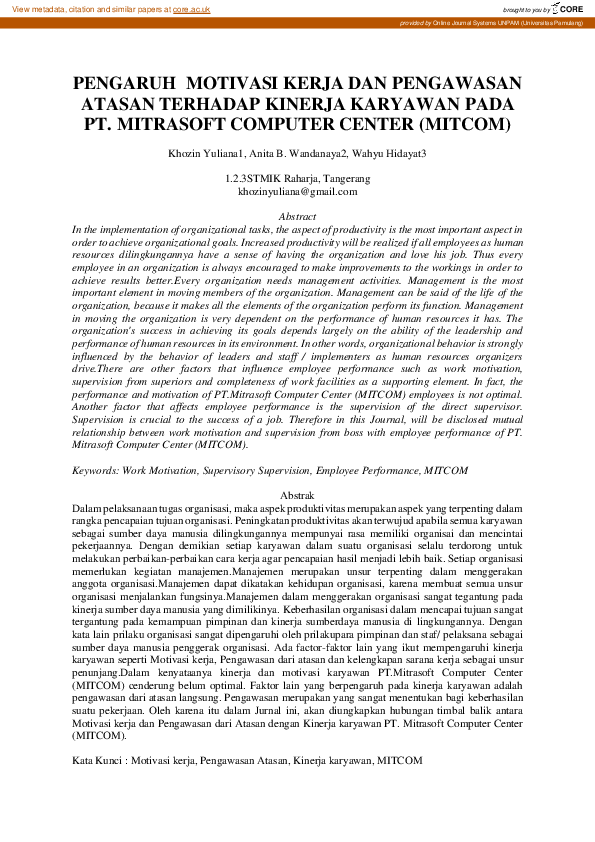 (PDF) Pengaruh Motivasi Kerja Dan Pengawasan Atasan Terhadap Kinerja Karyawan Pada Pt. Mitrasoft ...