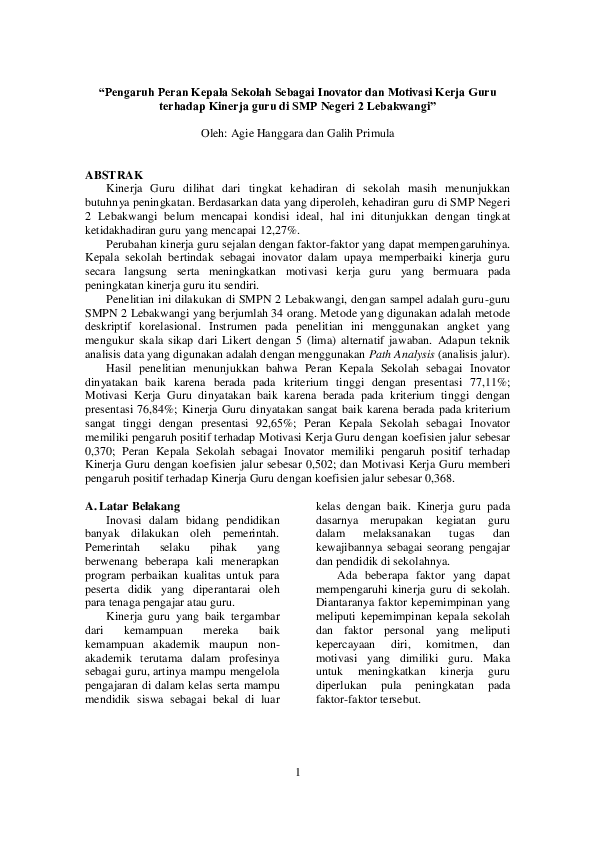 (PDF) “Pengaruh Peran Kepala Sekolah Sebagai Inovator dan Motivasi Kerja Guru terhadap Kinerja ...