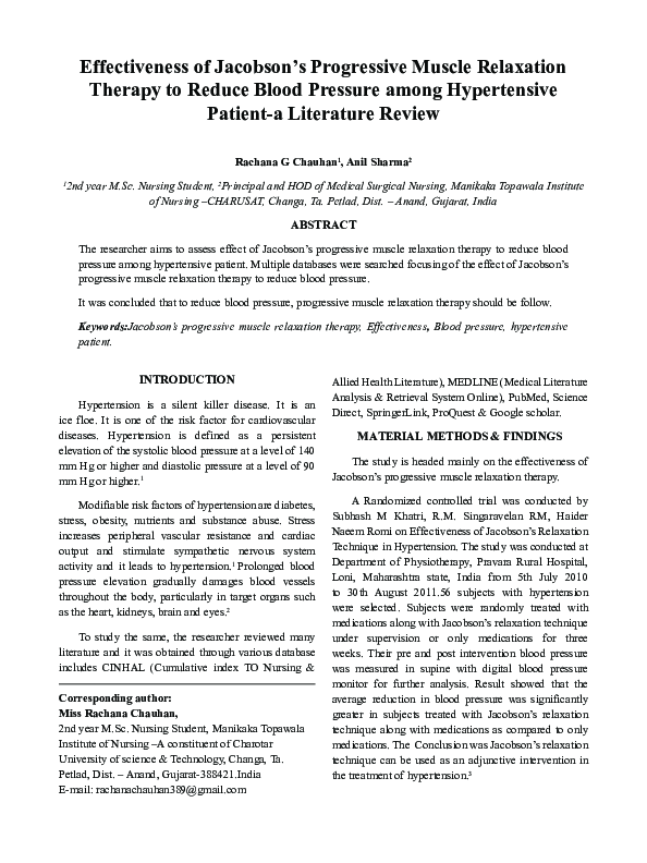 (PDF) Effectiveness of Jacobson's Progressive Muscle Relaxation Therapy ...