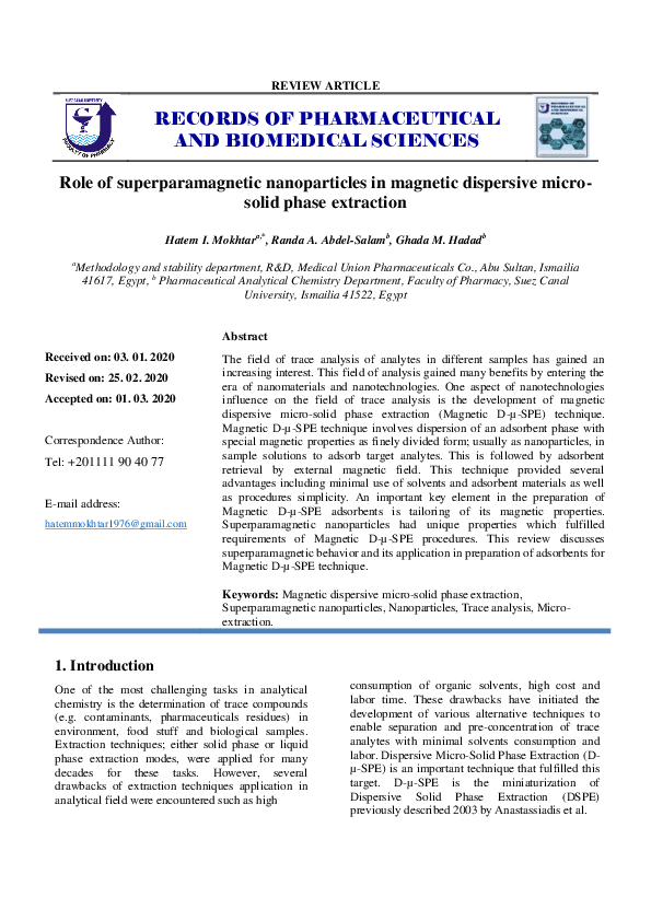 (PDF) A:Role of superparamagnetic nanoparticles in magnetic dispersive micro-solid phase extraction