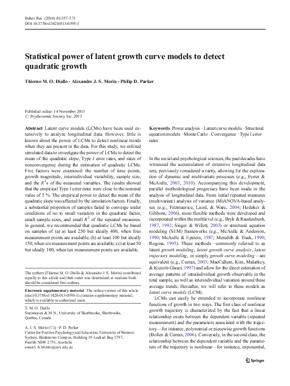 (PDF) Statistical power of latent growth curve models to detect quadratic growth | Thierno ...