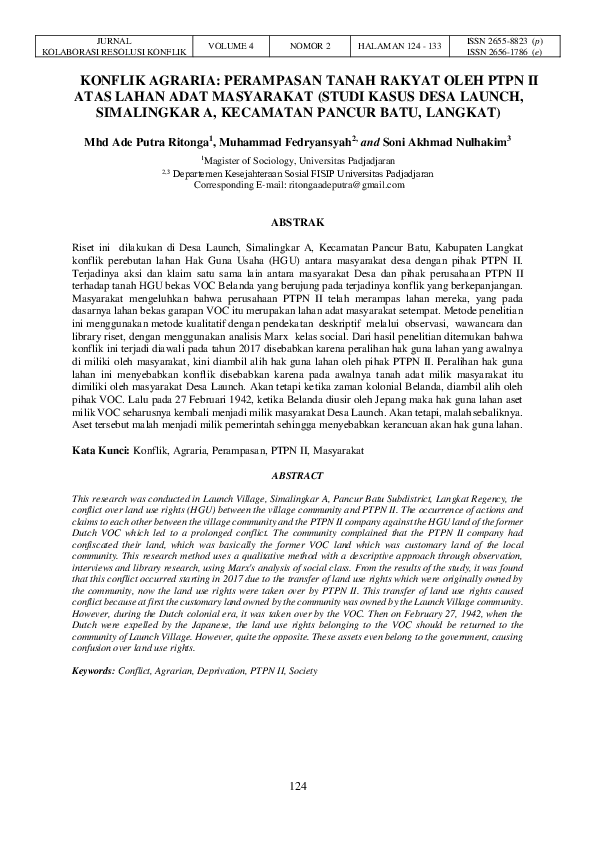 (PDF) Konflik Agraria: Perampasan Tanah Rakyat Oleh PTPN II Atas Lahan Adat Masyarakat (Studi ...
