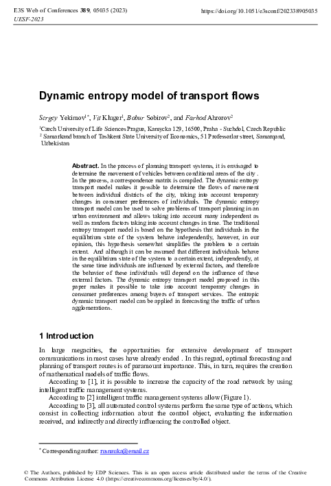 (PDF) Dynamic entropy model of transport flows