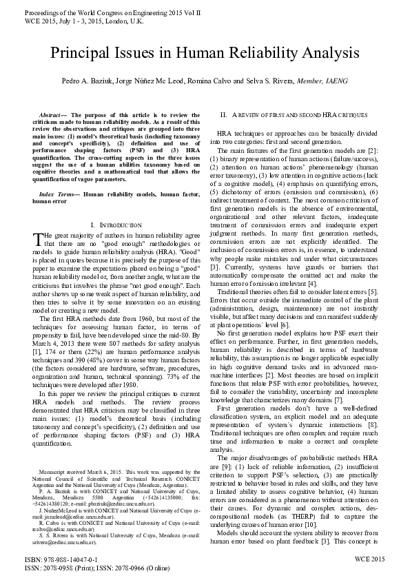 (PDF) Principal Issues in Human Reliability Analysis | Selva Rivera - Academia.edu