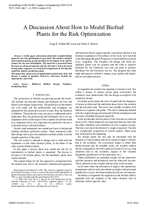 (PDF) A Discussion About How to Model Biofuel Plants for the Risk ...
