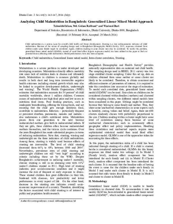 (PDF) Analyzing Child Malnutrition in Bangladesh: Generalized Linear Mixed Model Approach ...