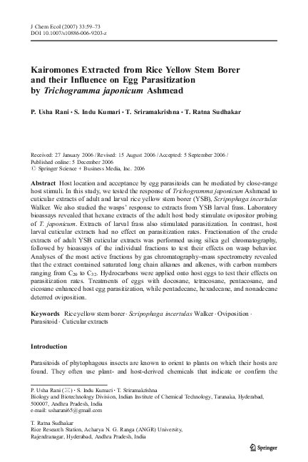 (PDF) Kairomones Extracted from Rice Yellow Stem Borer and their ...