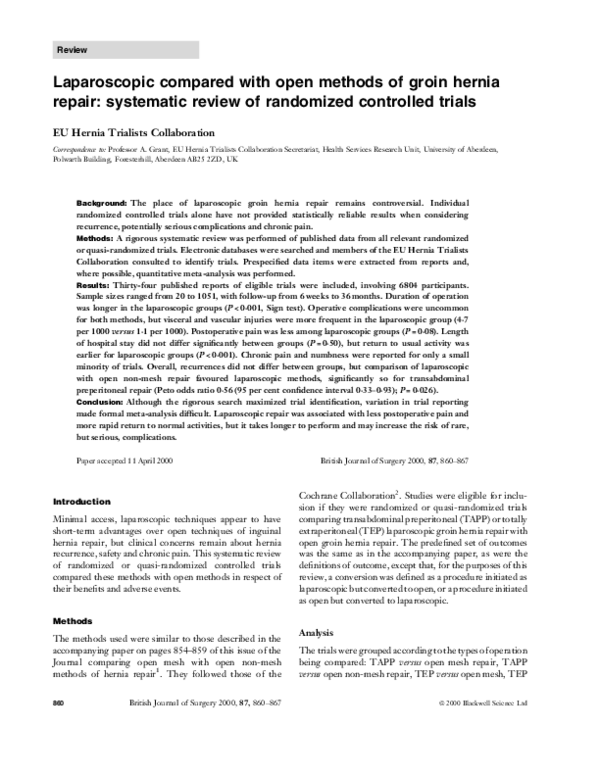 (PDF) Laparoscopic compared with open methods of groin hernia repair: systematic review of ...