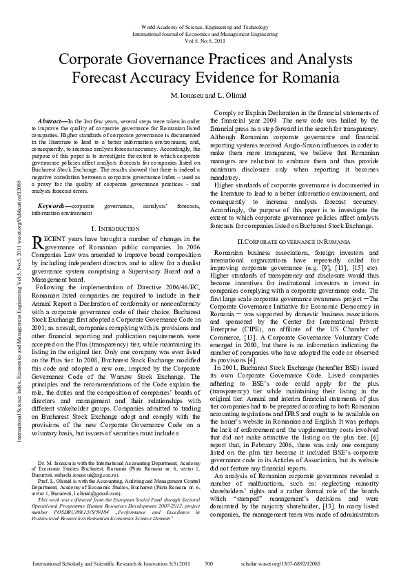 (PDF) Corporate Governance Practices and Analysts Forecast Accuracy Evidence for Romania
