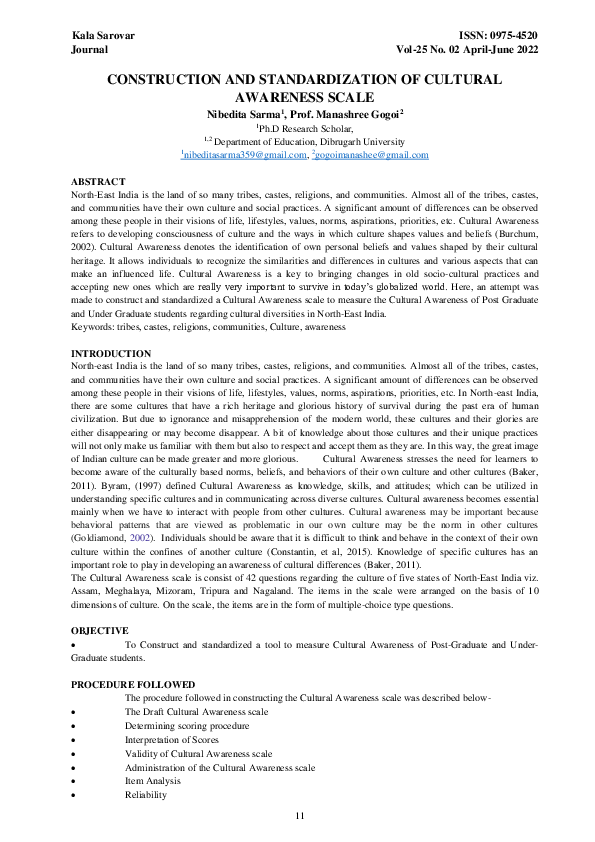 (PDF) CONSTRUCTION AND STANDARDIZATION OF CULTURAL AWARENESS SCALE