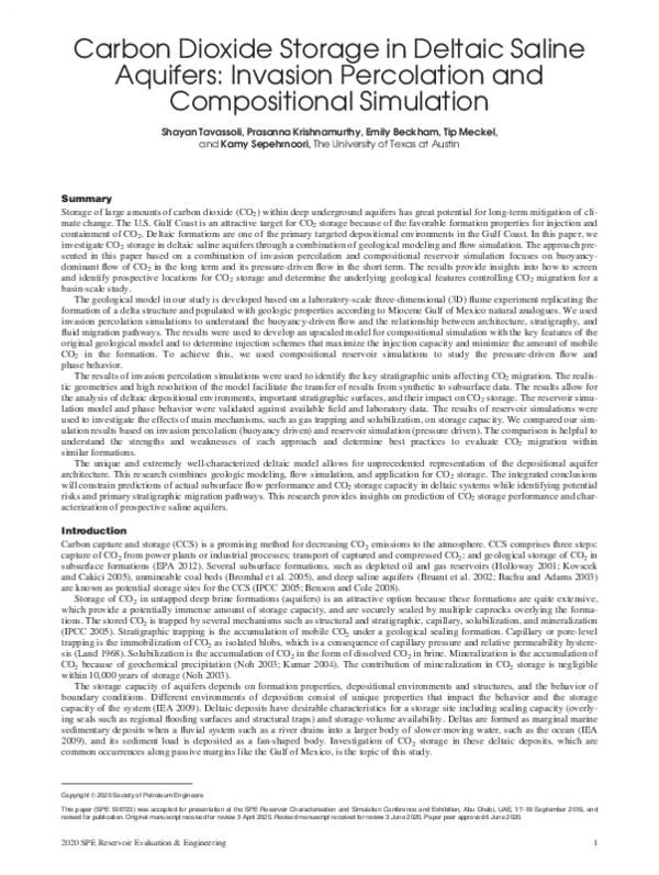 Pdf Carbon Dioxide Storage In Deltaic Saline Aquifers Invasion