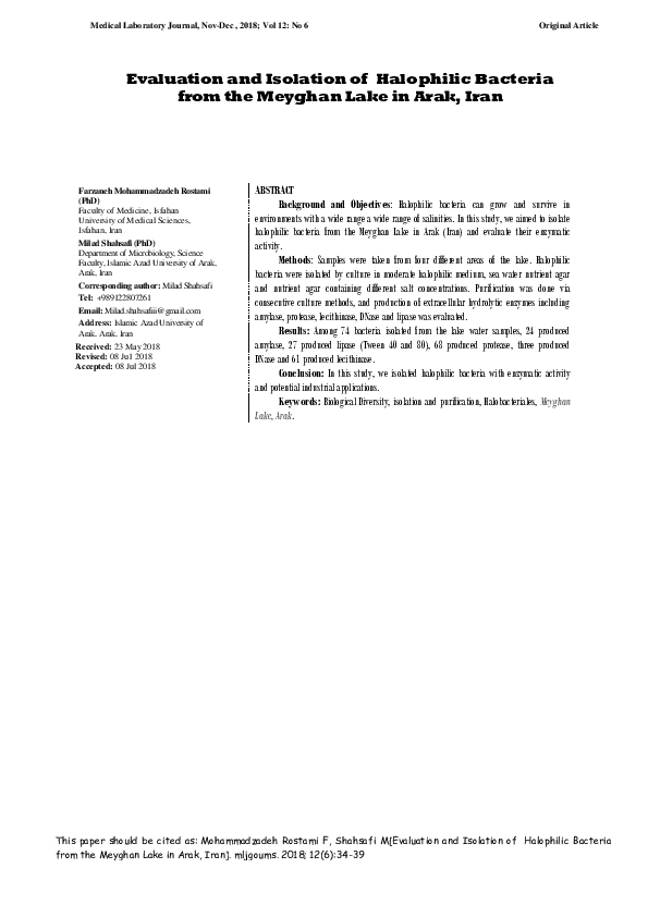 (PDF) Evaluation and Isolation of Halophilic Bacteria from the Meyghan Lake in Arak, Iran ...