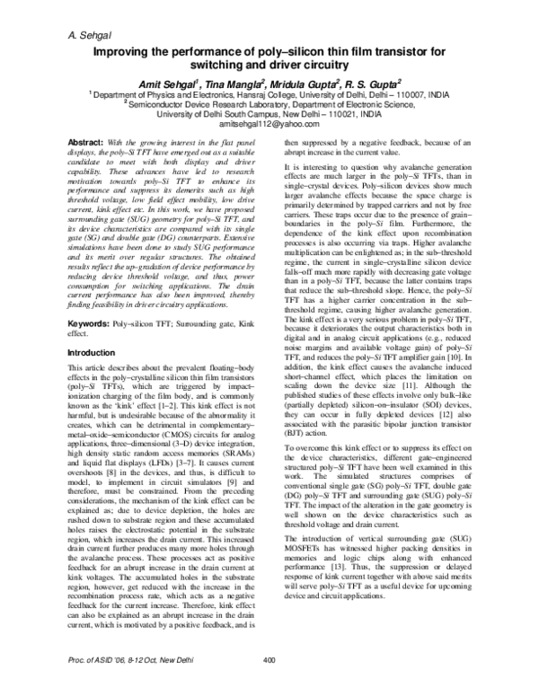 (PDF) Improving the Performance of Poly silicon Thin Film Transistor ...
