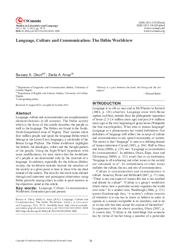 (PDF) Language, Culture and Communication: The Ibibio Worldview