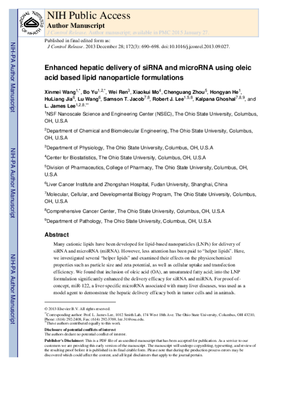 (PDF) Enhanced hepatic delivery of siRNA and microRNA using oleic acid ...