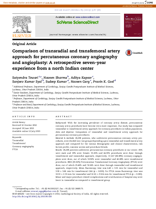 (PDF) Comparison of transradial and transfemoral artery approach for percutaneous coronary ...
