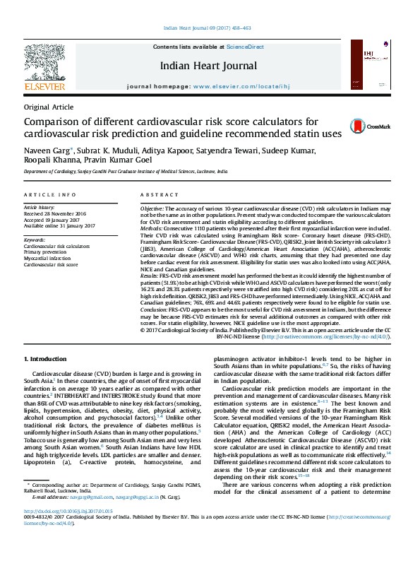 (PDF) Comparison of different cardiovascular risk score calculators for cardiovascular risk ...