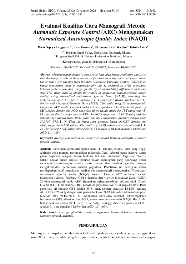 Pdf Evaluasi Kualitas Citra Mamografi Metode Automatic Exposure Control Aec Menggunakan