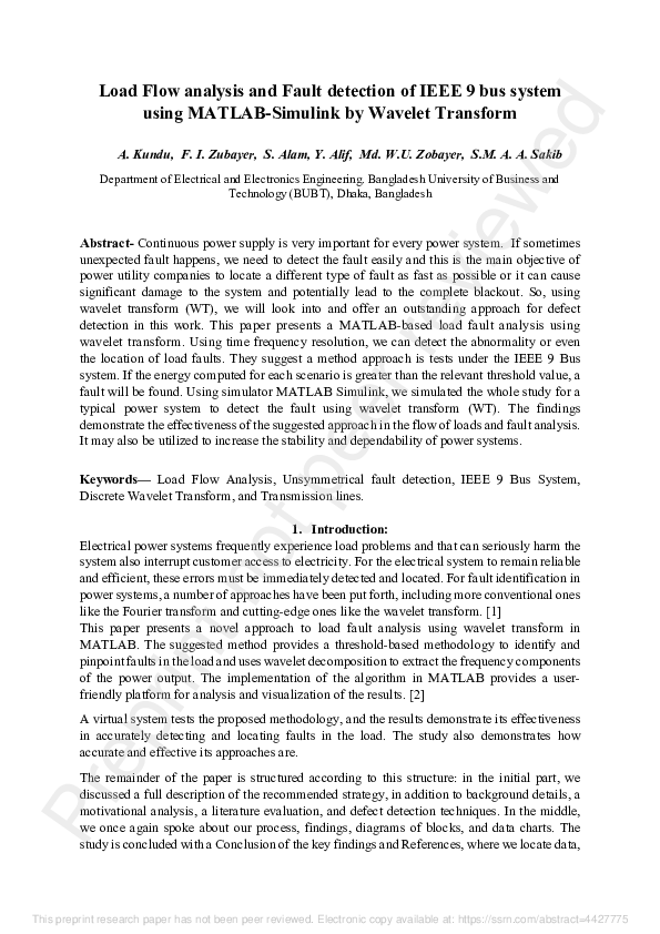 Pdf Fault Detection In Ieee 9 Bus System Via Wt 