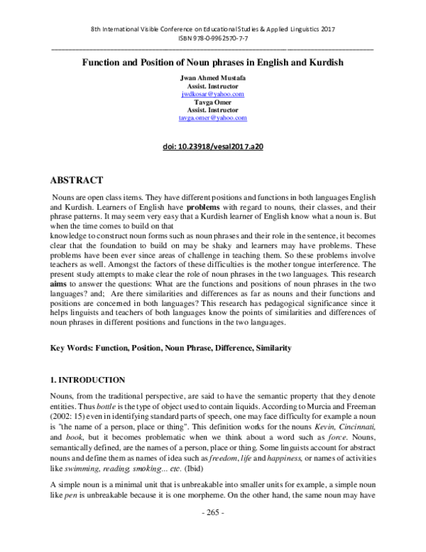 (PDF) Function and Position of Noun phrases in English and Kurdish