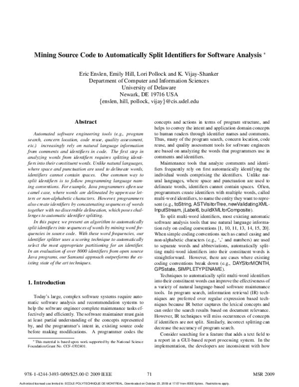 Pdf Mining Source Code To Automatically Split Identifiers For Software Analysis