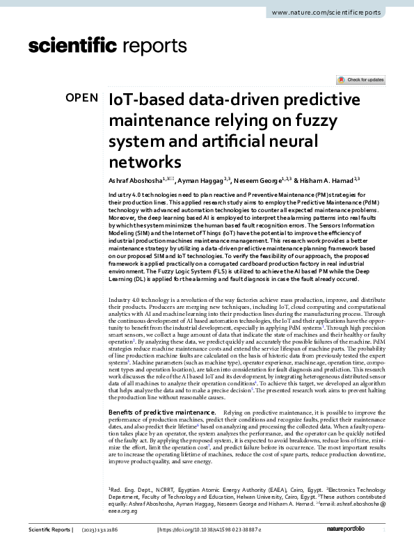 (PDF) IoT‑based data‑driven predictive maintenance relying on fuzzy system and artificial neural ...
