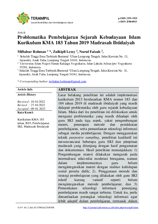(PDF) Problematika Pembelajaran Sejarah Kebudayaan Islam Kurikulum KMA 183 Tahun 2019 Madrasah ...