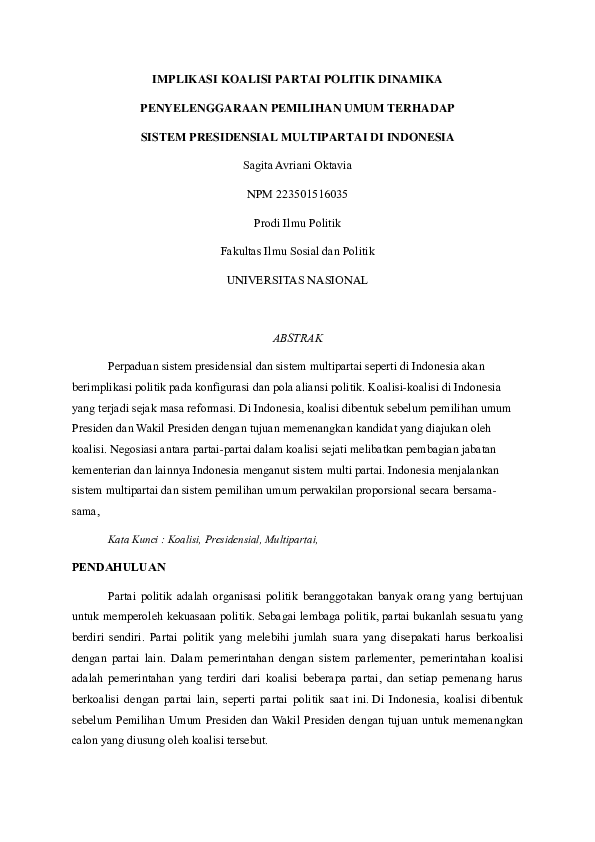 (PDF) IMPLIKASI KOALISI PARTAI POLITIK DINAMIKA PENYELENGGARAAN ...