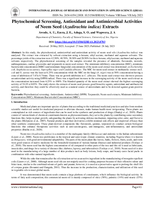 (PDF) Phytochemical Screening, Antioxidant and Antimicrobial Activities of Neem Seed ...
