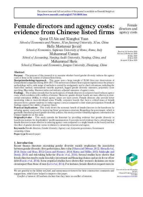(PDF) Female directors and agency costs: evidence from Chinese listed firms