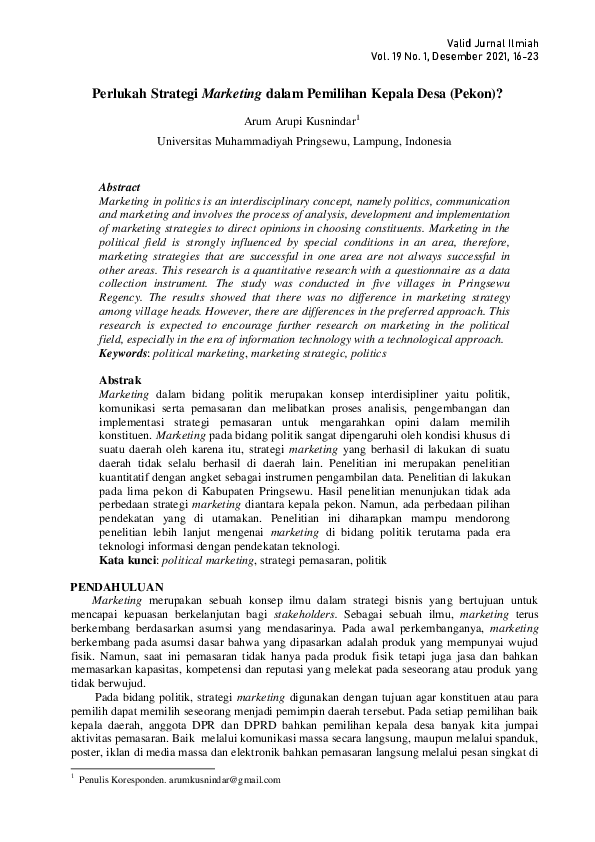 (PDF) Perlukah Strategi Marketing dalam Pemilihan Kepala Desa (Pekon)? (PDF) Perlukah Strategi Marketing dalam Pemilihan Kepala Desa (Pekon)?