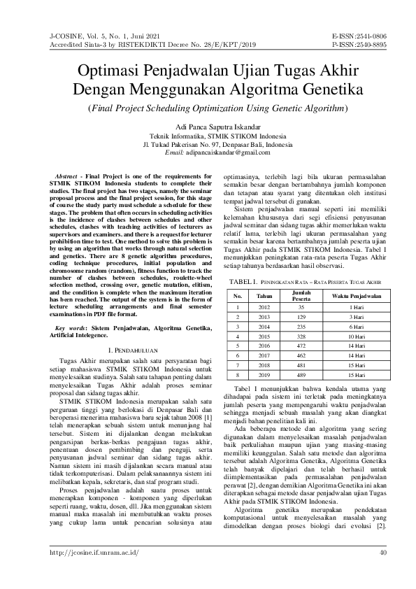 (PDF) (Final Project Scheduling Optimization Using Genetic Algorithm)