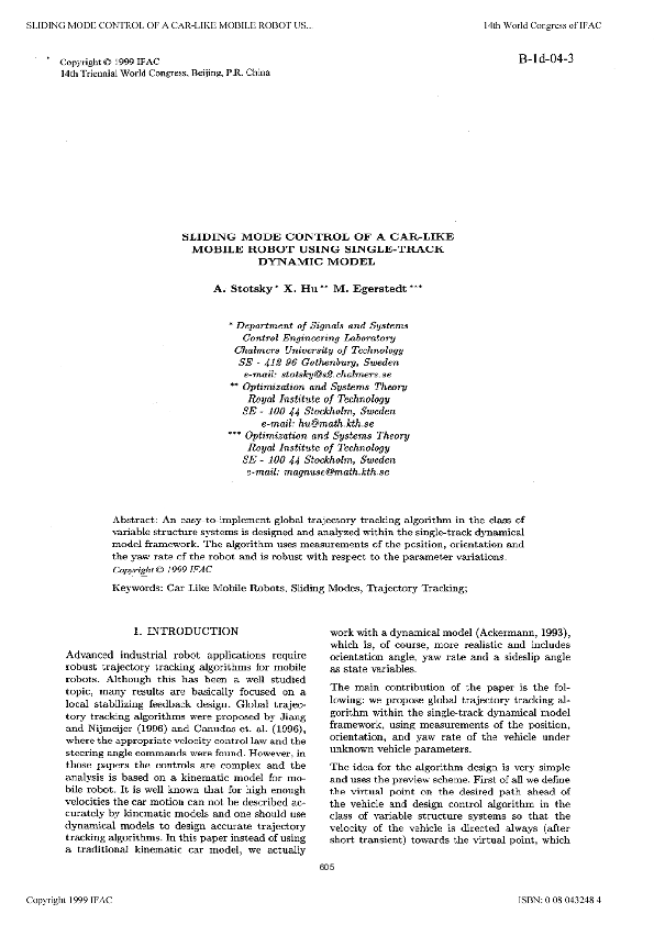 Pdf Sliding Mode Control Of A Car Like Mobile Robot Using Single