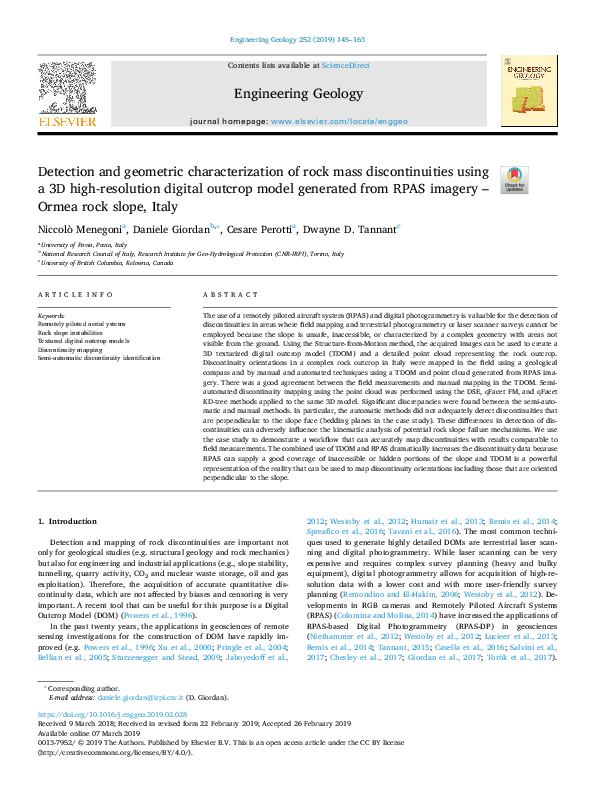 (PDF) Detection and geometric characterization of rock mass discontinuities using a 3D high ...