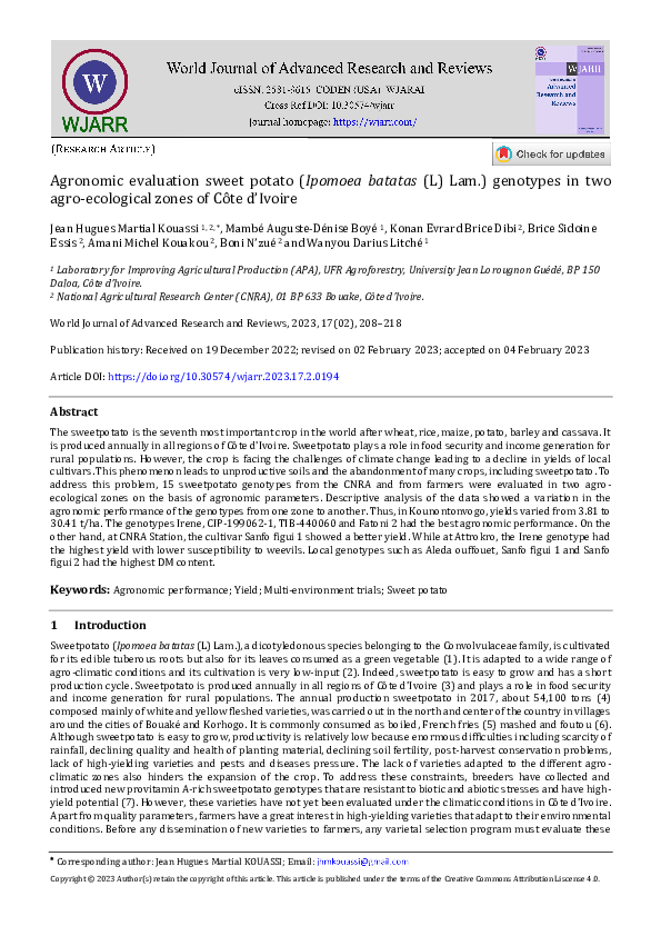 (PDF) Agronomic evaluation sweet potato (Ipomoea batatas (L) Lam.) genotypes in two agro ...