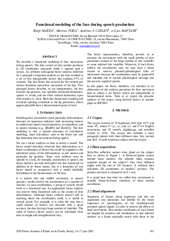 Pdf Functional Modeling Of The Face During Speech Production