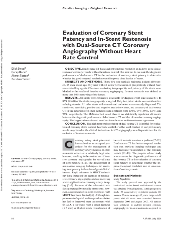 (PDF) Evaluation of Coronary Stent Patency and In-Stent Restenosis with ...