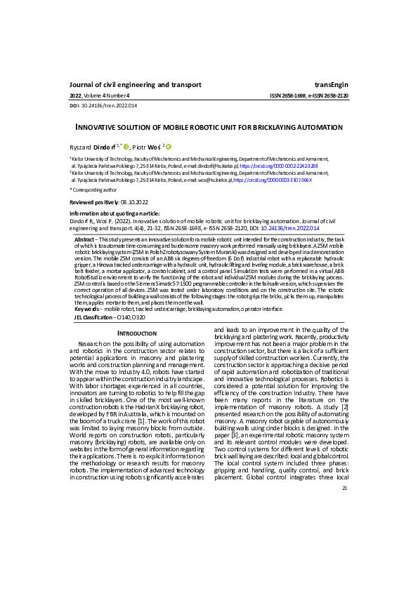 (PDF) Innovative solution of mobile robotic unit for bricklaying automation