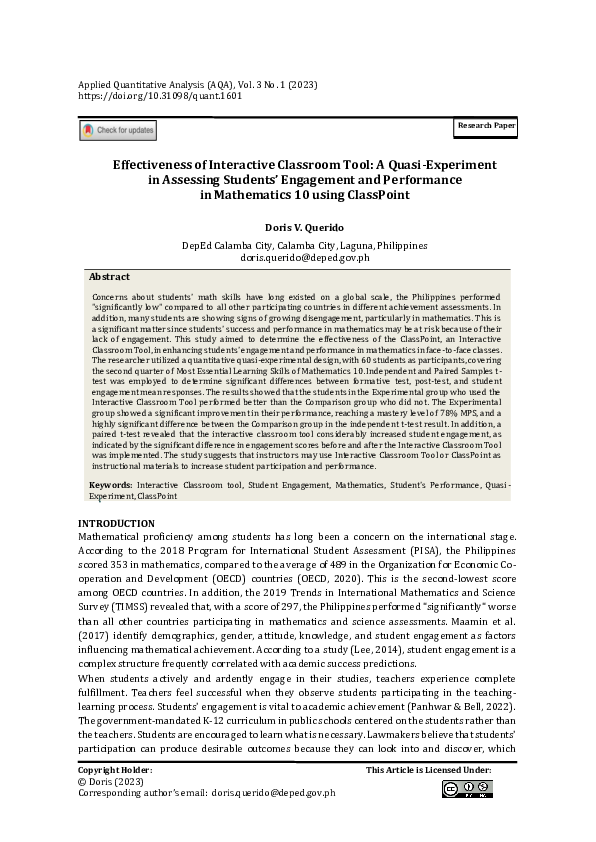 (PDF) Effectiveness of Interactive Classroom Tool: A Quasi-Experiment in Assessing Students ...
