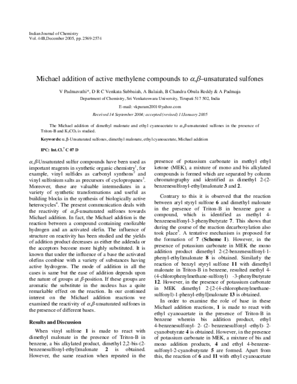 (PDF) Michael Addition of Active Methylene Compounds to α,β-Unsaturated Sulfones