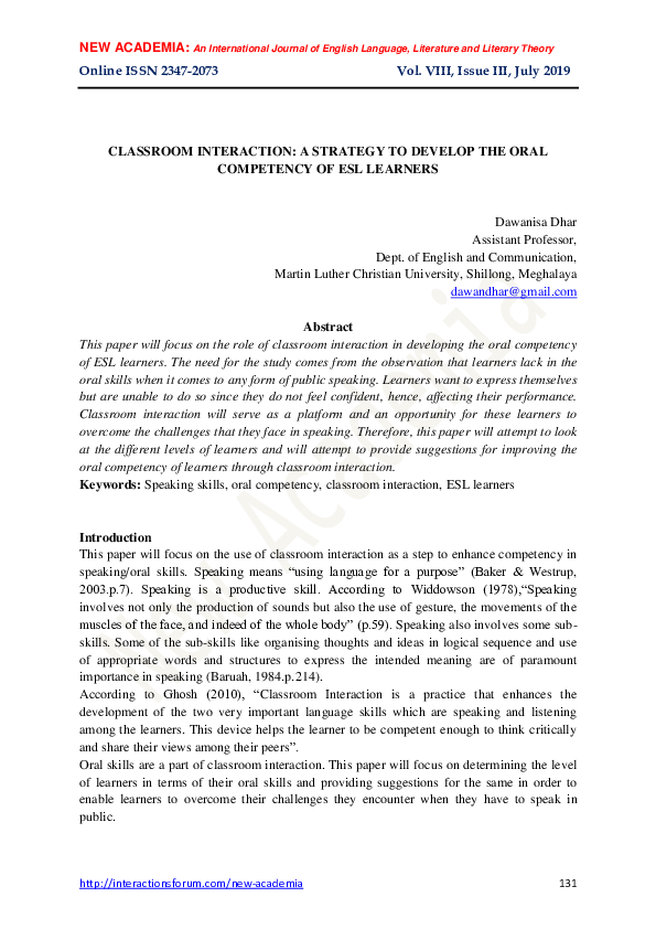 (PDF) CLASSROOM INTERACTION: A STRATEGY TO DEVELOP THE ORAL COMPETENCY OF ESL LEARNERS